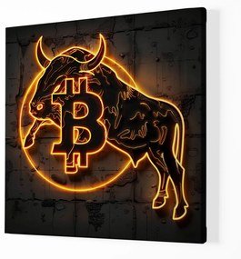 Obraz na plátně - Bitcoin Býk, neon logo FeelHappy.cz Velikost obrazu: 60 x 60 cm