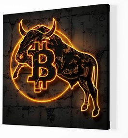 Obraz na plátně - Bitcoin Býk, neon logo FeelHappy.cz Velikost obrazu: 120 x 120 cm