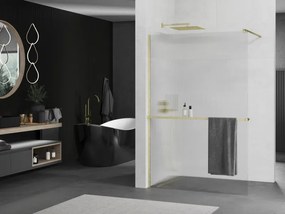 Mexen Kioto+, sprchová zástěna Walk-In s poličkou a věšákem 100 x 200 cm, 8mm sklo s žebrovým vzorem, zlatý matný profil, 800-100-121-55-09