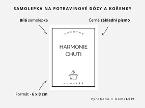 HARMONIE CHUTI - omyvatelná samolepka na kořenky, výběr rozměrů Ø 5 cm / 5 x 5 cm / 6 x 8 cm | DomaLEP tvar: OBDÉLNÍK, barva: BÍLÁ - ČERNÉ písmo, velikost: š. 6 cm x v. 8 cm – základní písmo
