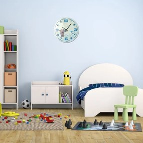 Dětské hodiny na stěnu v bílé barvě s modrým ciferníkem a medvídkem