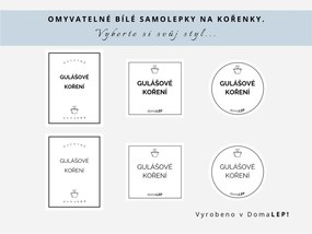 GULÁŠOVÉ KOŘENÍ - omyvatelná samolepka na kořenky, výběr rozměrů Ø 5 cm / 5 x 5 cm / 6 x 8 cm | DomaLEP tvar: ČTVEREC, barva: BÍLÁ - ČERNÉ písmo, velikost: š. 5 cm x v. 5 cm - tučné písmo