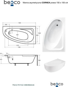 Besco CORNEA 150 cm VANCOR150P vana bez nožiček pravá