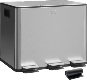 HOMCOM Kuchyňský Koš na Odpady se 3 Přepravkami 3x10L Nerezový Kuchyňský Koš s Tichými Víky a Odnímatelným Košem pro Recyklaci Potravinového Odpadu St