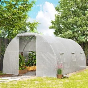 Outsunny zahradní tunelová skleník 13,5 m² 6 okna, rolovací zipové dveře, rám z pozinkované oceli, PE plachta 4,5 x 3 x 2 m bílá