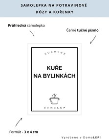 Samolepka na kořenky KUŘE NA BYLINKÁCH průhledná 3 × 4 cm tučné písmo
