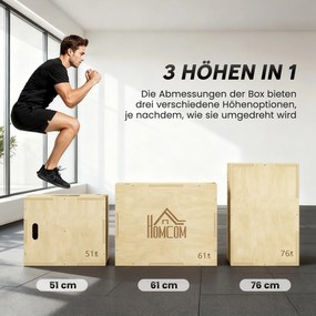 HOMCOM plyo Box 3 v 1 Dřevěný plyometrický box se 3 výškami skoku Rukojeti 61 x 51 x 76 cm Přírodní dřevo