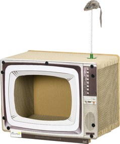 PawHut Kartonový škrabací panel pro kočky ve tvaru televizoru s hračkou myší, Aktivní centrum pro mazlíčky 43x23x32,5 cm Písek | Aosom
