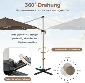 Costway Slunečník Ø 330 cm s klikou a UPF 50+ a 360° otočný, hnědý