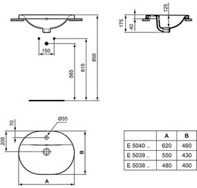 Ideal Standard Connect Umyvadlo zápustné ovál 55 cm, 1 otvor pro baterii E503901