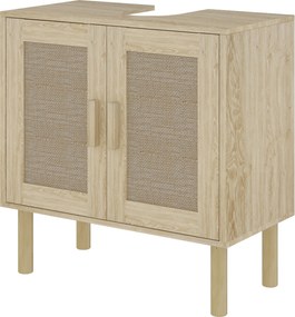 HOMCOM koupelnová skříňka pod umyvadlo, úložný prostor, ratanové dveře, bohémský styl, nohy z borovice, 2 úrovně, 60 x 30 x 60 cm, Dub