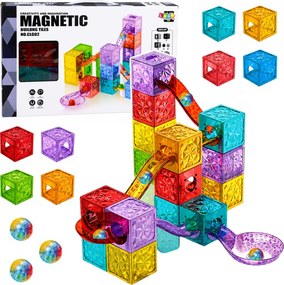 LEAN Toys Magnetické stavebnicové kostky – kostky, kuličková dráha, barevné, 28 ks.