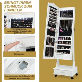 Costway Zrcadlová skříňka na šperky s celoplošným zrcadlem a zásuvkami a LED