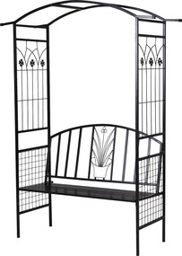Zahradní oblouk Outsunny s lavičkou, kovový treláž na popínavé rostliny, černý, 154 x 60 x 205 cm | Aosom