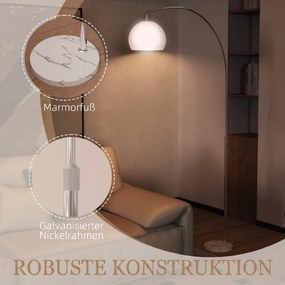 HOMCOM Stojací lampa, ohnutá hlava, nožní spínač, mramorový podstavec, plastový stínidlo, bílá