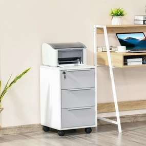 HOMCOM zásuvková jednotka se 3 zásuvkami – kancelářský file cabinet s kolečky, zámkem a 2 klíči pro domácí kancelář 40x40x63,5 cm bílá a šedá