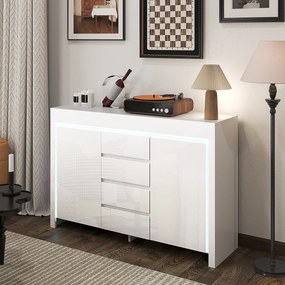 HOMCOM komoda do obývacího pokoje, úložný nábytek s LED osvětlením, 4 zásuvky, dveře s tichým zavíráním, 120 x 34 x 80 cm, vysoký lesk bílá