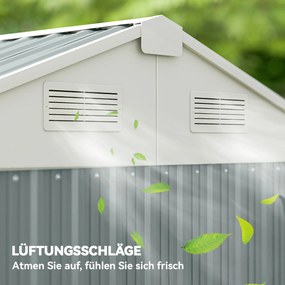 Outsunny kovový zahradní domek na nářadí 3,5 m² – vysoký uzamykatelný zahradní domek se štítnou střechou, větráním a rukavicemi v balení, 209 x 177 x…