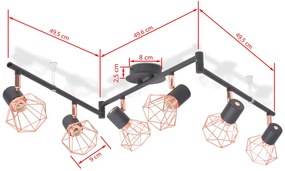 Stropní světlo se 6 bodovkami, E14, černá a měď,  244392