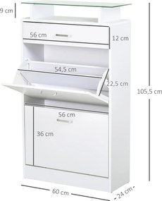HOMCOM Botník s 3 šuplíky, skleněnou policí a hliníkovými úchyty pro předsíň, nosnost 50 kg, 60x24x105,5 cm, bílý