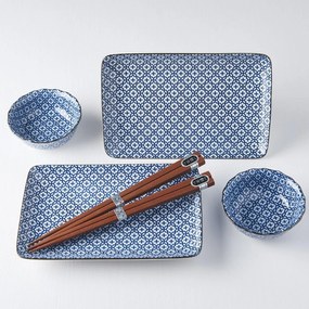 MADE IN JAPAN Sushi set s hůlkami Blue & White Geometric 22,5 × 13,5 × 3,5 cm