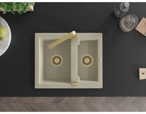 Mexen Carlos, 1,5-komorový granitový dřez s odkapávačem 582x475x177 mm a zlatá kuchyňská baterie Rita, béžová, 6518-69-670300-50