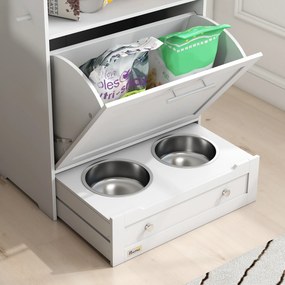 PawHut Krmná stanice pro domácí zvířata, úložná skříňka na potřeby pro domácí mazlíčky, s miskami na krmivo, háčky na vodítka, MDF, bílá