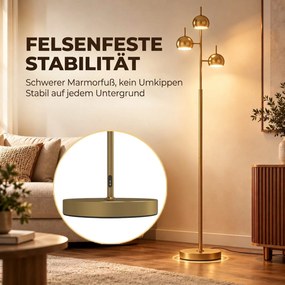 HOMCOM Stojací lampa 350° nastavitelná pro obývací pokoj a kancelář, stojací lampa se 3 stínidly z oceli, zlatá
