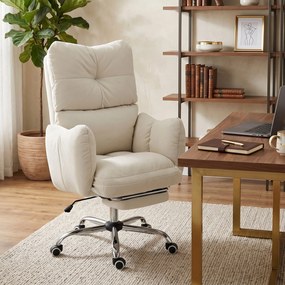 HOMCOM ergonomické kancelářské křeslo s podnožkou — krémově bílý flanel, silné čalounění, vysoké opěradlo, výškově nastavitelné