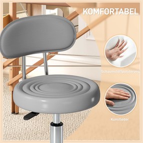 HOMCOM Nastavitelná pojízdná stolička s opěradlem — otočná židle na kolečkách s opěrkou nohou, ekokůže (PU), 32 x 40 x 70–86 cm, šedá