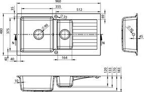 Sapho Sapho, Dřez granitový vestavný s okapem a vaničkou, 96x48cm, černý, GR1334