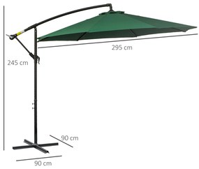 Konzolový slunečník Outsunny s kličkou, slunečník z ocelového rámu a polyesterové tkaniny, zelený, Ø2,95x2,45 m, ideální na zahradu a terasu | Aosom.…