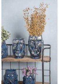 Modrý keramický obal na květináč/ váza s obličejem Blue Dotty M – 13x15x17 cm
