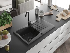 Mexen Cesar, granitový dřez 775x470x190 mm, 1-komorový, černá skvrnitá s černým sifonem, 6514771010-76-B