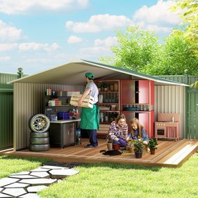 Kovová zahradní kůlna Outsunny 12,4 m², s šikmou střechou, posuvnými dveřmi a základem, 386 x 340 x 200 cm, odolná vůči počasí, pro zahradu, tmavě ze…