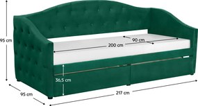 Postel s úložným prostorem, 90x200, zelená Velvet látka, ZASKA