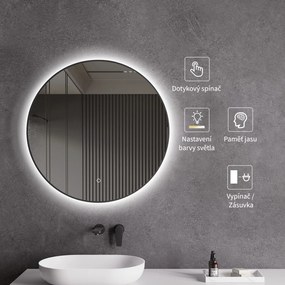 CERANO - Koupelnové LED zrcadlo Velo, kovový rám - černá matná - Ø 80 cm