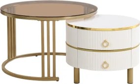 Aosom Kulatý konferenční stolek set, 70x70 cm & 50x50 cm, kulatý stolek se zásuvkami, bílá + hnědá