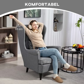 HOMCOM Křeslo s opěrkou a podnožkou - Moderní křeslo s látkovým vzhledem, bederním polštářem, pohodlné křeslo s opěrkami do obývacího pokoje Šedé