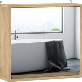 HOMCOM Koupelnová skříňka se zrcadlem, 2 dveřmi a nastavitelnou policí, závěsná koupelnová skříňka pro moderní koupelnu 48x14,5x45 cm, přirodní dřevo