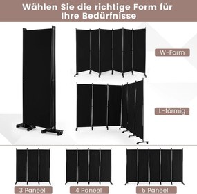 Costway Šestidílný skládací paraván na kolečkách 172 cm, černý
