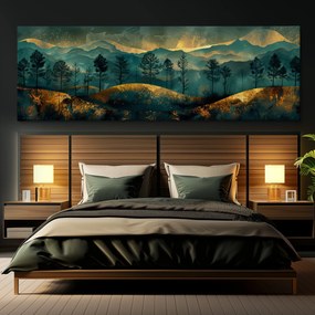 Obraz na plátně - Tmavé stromy ve zlatavých kopcích FeelHappy.cz Velikost obrazu: 180 x 60 cm