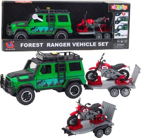 LEAN Toys Sada terénního auta s odtahovým vozem a motorkou, světla a zvuky, zelená