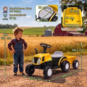 AIYAPLAY Elektrický dětský traktor s odnímatelným přívěsem, sedací traktor s lithiovou baterií, pedál na nohy, hudba, klakson, světlo, žlutá