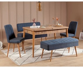 Rozkládací jídelní stůl se 2 židlemi a 2 lavicemi Vlasta (borovice antlantic + tmavě modrá). 1073073