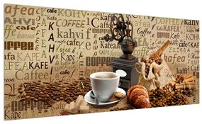 Obraz kávy, mlýnku a croissantů (100x40 cm)