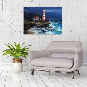 Skleněný obraz - Maják na břehu oceánu, aquarel (70x50 cm)