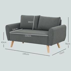 HOMCOM dvoumístná pohovka se 2 polštáři, čalouněná pohovka s extra hlubokými sedáky 54 cm, dvoumístná pohovka z manšestru, malá pohovka s dřevěným rá…