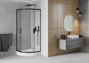 Mexen Rio, čtvrtkruhový sprchový kout 90 x 90 cm, 6mm čiré sklo, černý profil + bílá sprchová vanička RIO, 863-090-090-70-00-4710