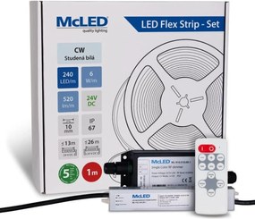 McLED LED pásek - sada 1 m + Přijímač Nano IP67, 240 LED/m, CW, 6 W/m, DC 24V, 520 lm/m, CRI90, IP67, 10 mm, vodič 3 m ML-126.032.90.S01002